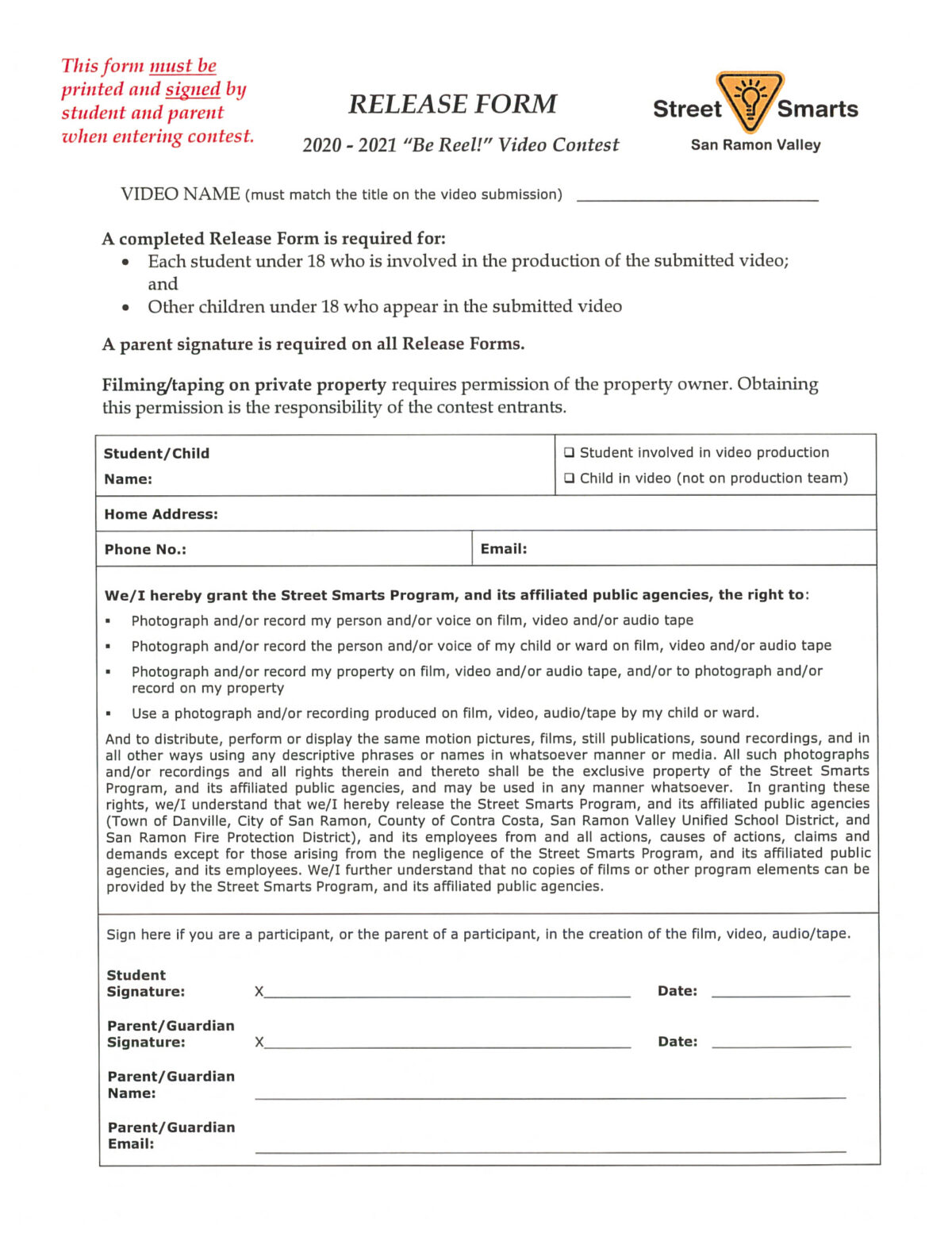 Entry Form and Release – Street Smarts